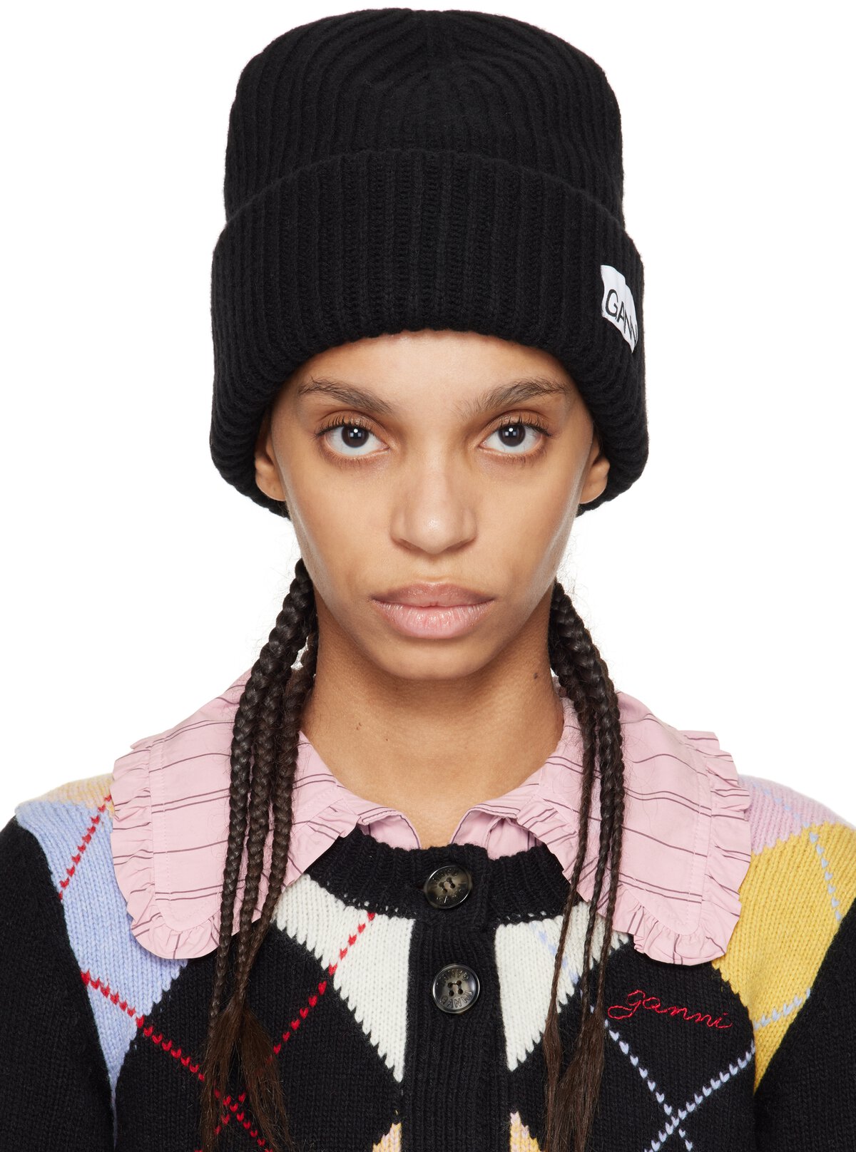 Ganni Logo-Patch Ribbed-Knit Beanie - Black | Editorialist